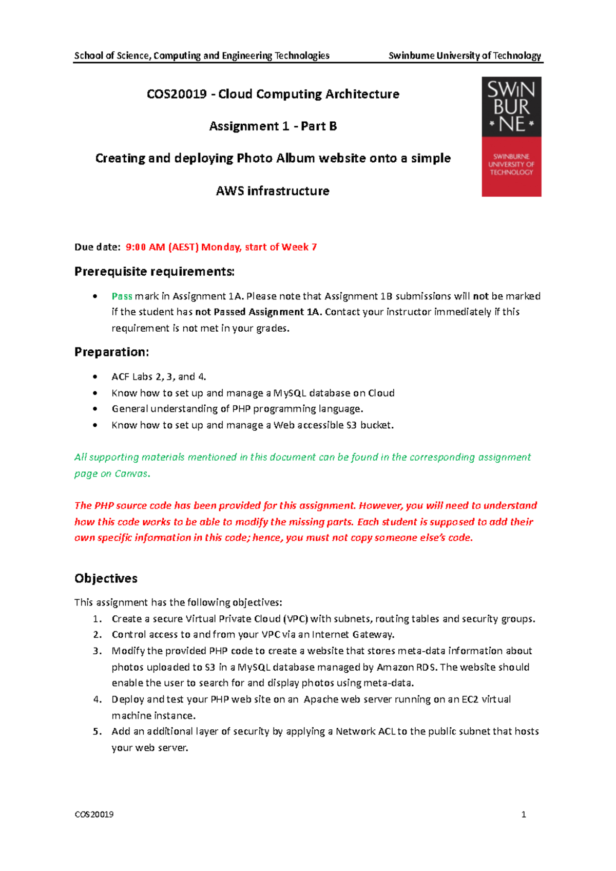 Assignment 1b UG v5.04 - COS 20019 - Cloud Computing Architecture Assignment 1 - Part B Creating ...