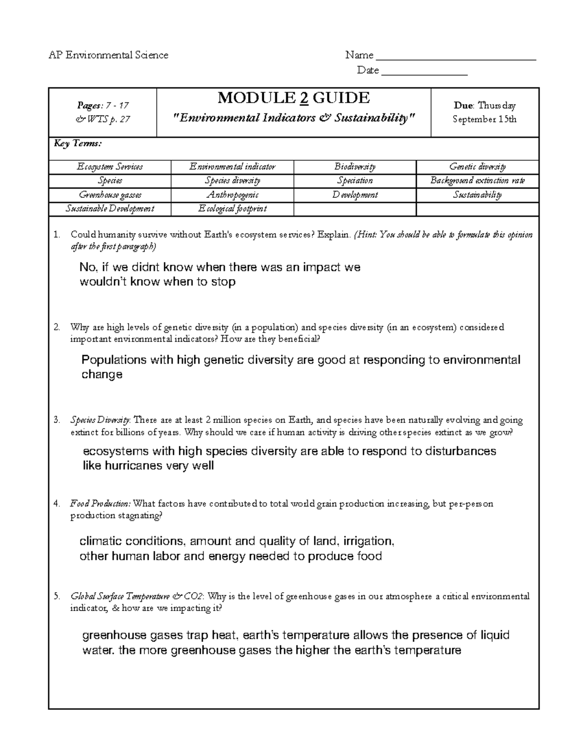 Mod 2 Reading Guide - chapter notes - AP Environmental Science Name