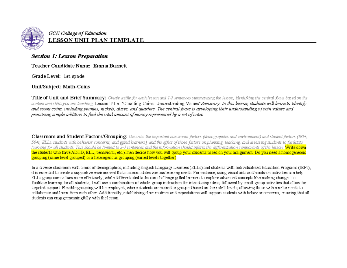 3 day lesson plan - Section 1: Lesson Preparation Teacher Candidate ...