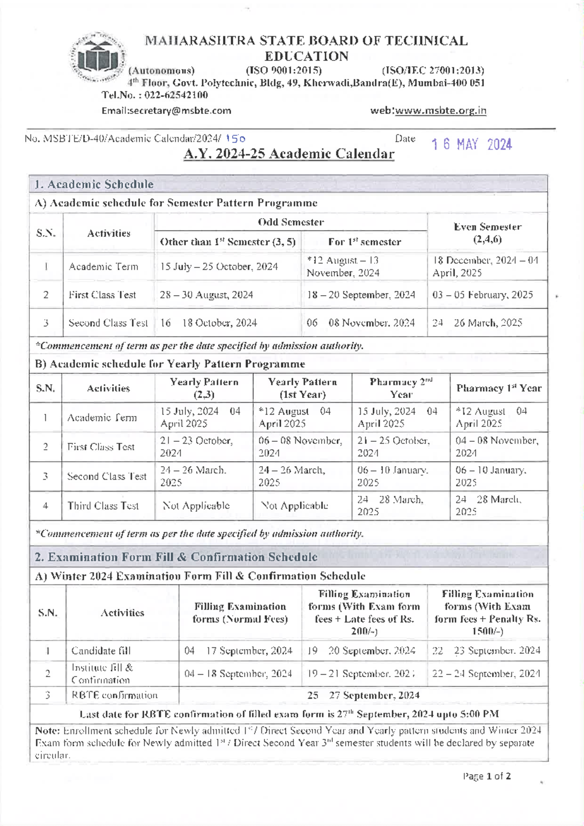 Msbte-Academic-calendar 2024-25 - MAHARASHTRA STATE BOARD OF TECHNICAL ...