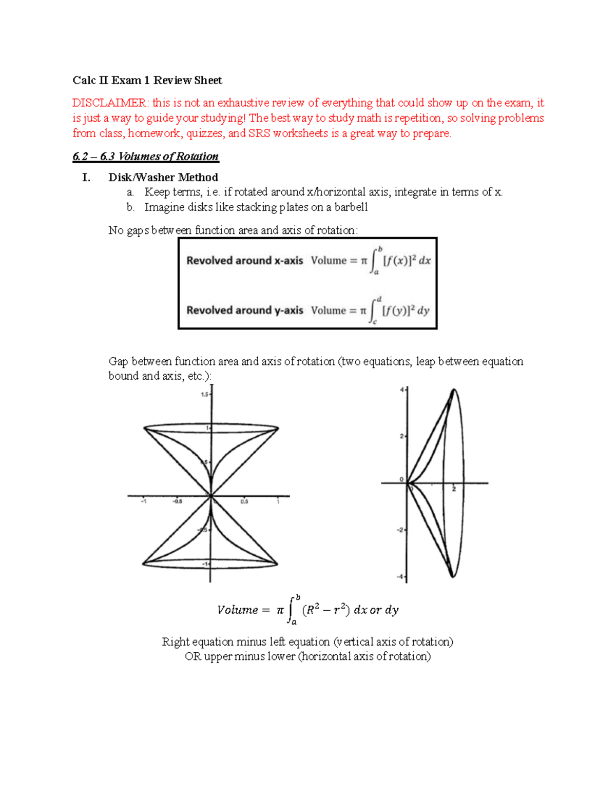 Calc 2 Exam 1 Review Sheet - Calc II Exam 1 Review Sheet DISCLAIMER ...