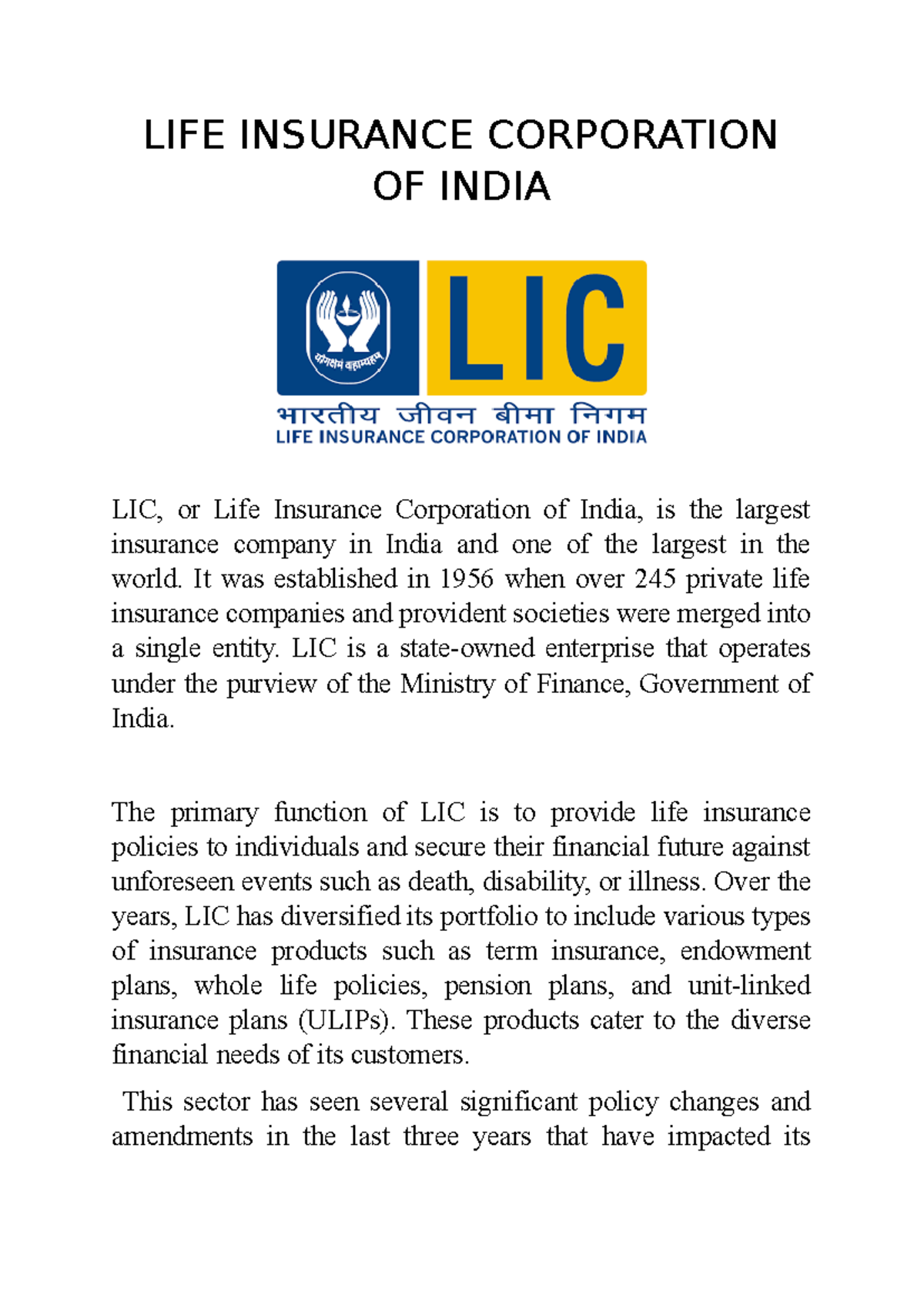 Lic - ASSIGNMENT - LIFE INSURANCE CORPORATION OF INDIA LIC, or Life ...