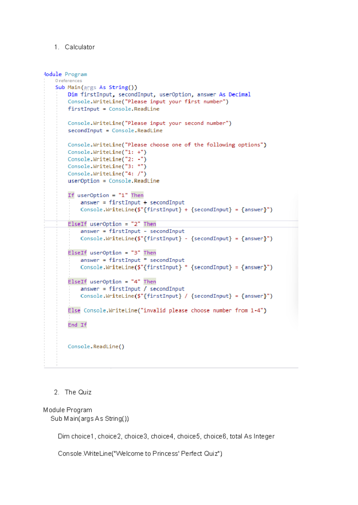 Princess Okonkwo - VB Programming - January 2024 - Calculator The Quiz Module Program Sub Main ...
