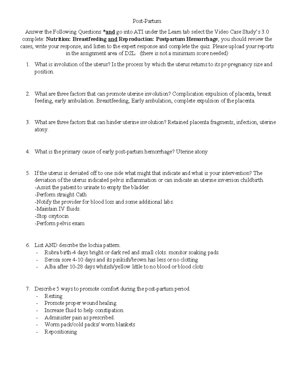 Homework ob - notes - Post-Partum Answer the Following Questions *and ...