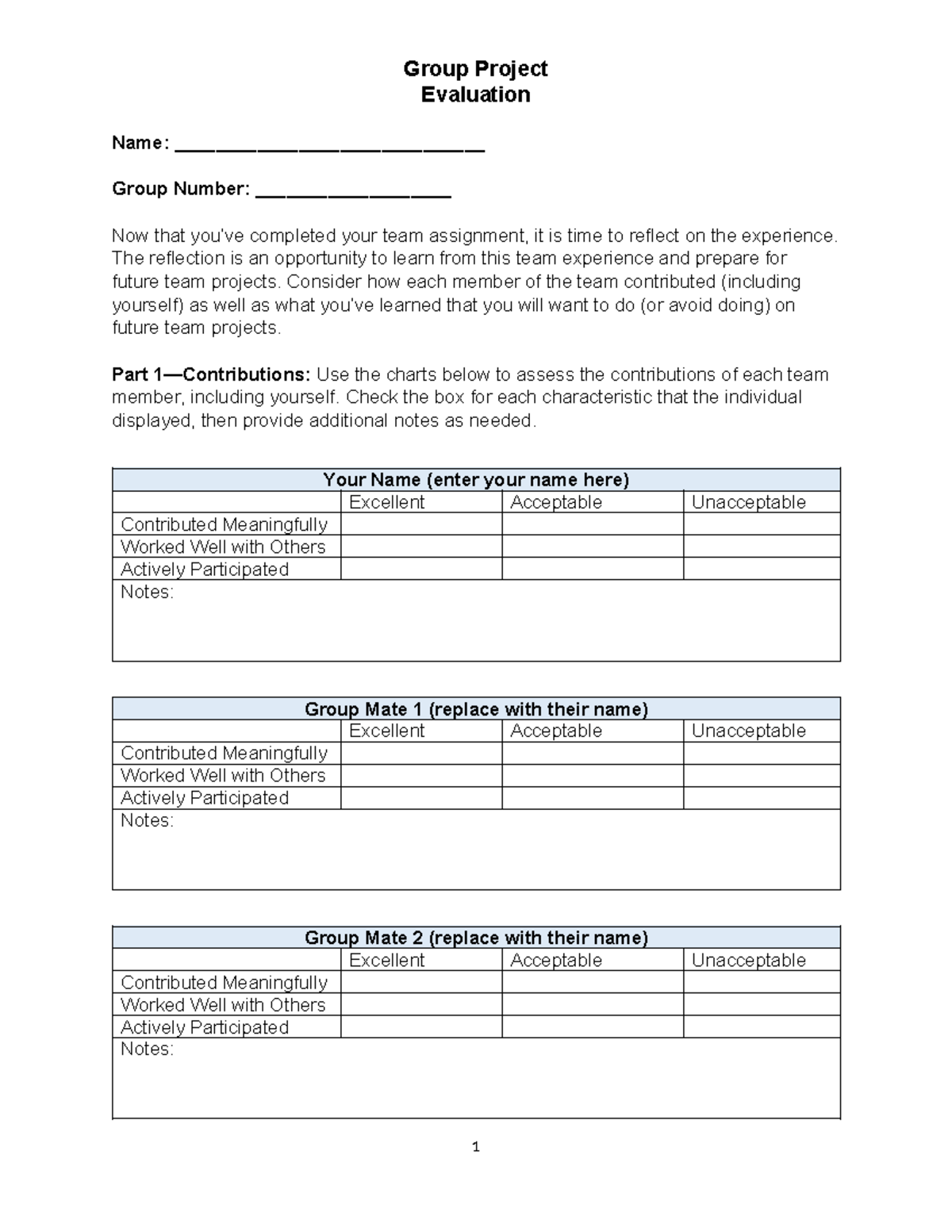 Unit 7 Group Project Reflection - Group Project Evaluation Name