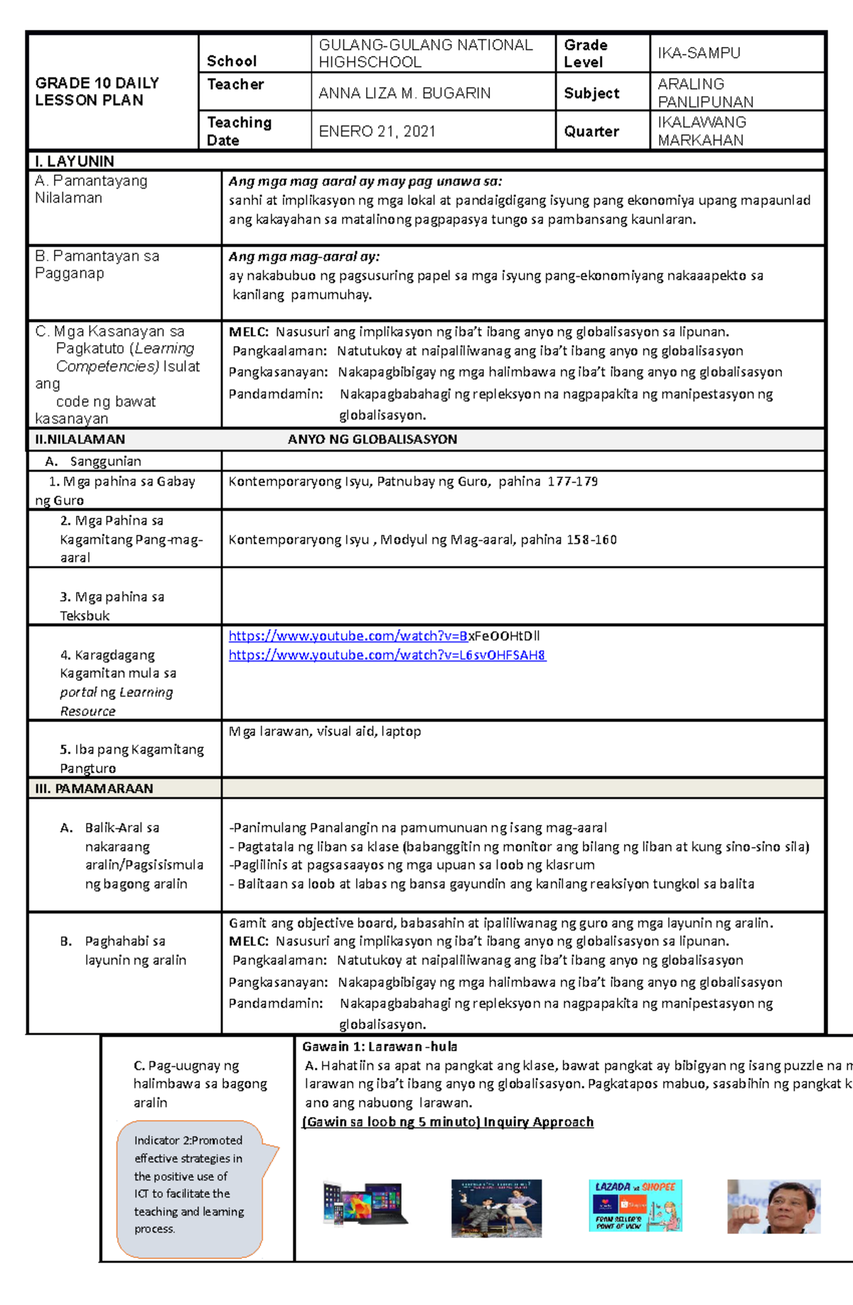 Anyo ng Globalisasyon - GRADE 10 DAILY LESSON PLAN School GULANG-GULANG ...