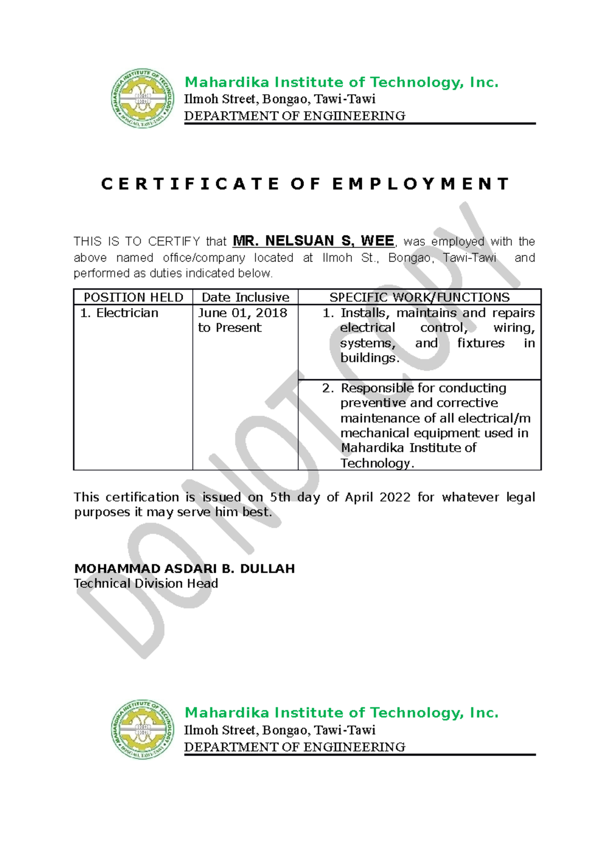 RME bexam - Master elevtrician - Mahardika Institute of Technology, Inc ...