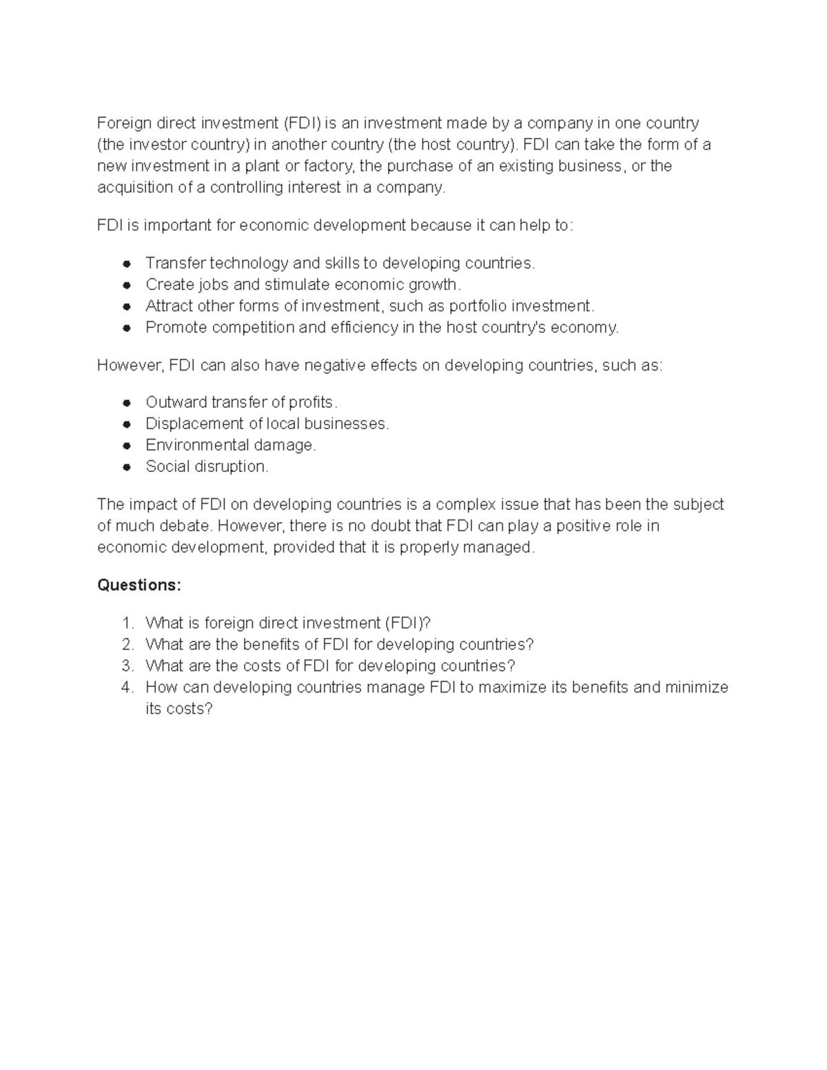 Foreign Direct Investment (FDI) - FDI can take the form of a new ...