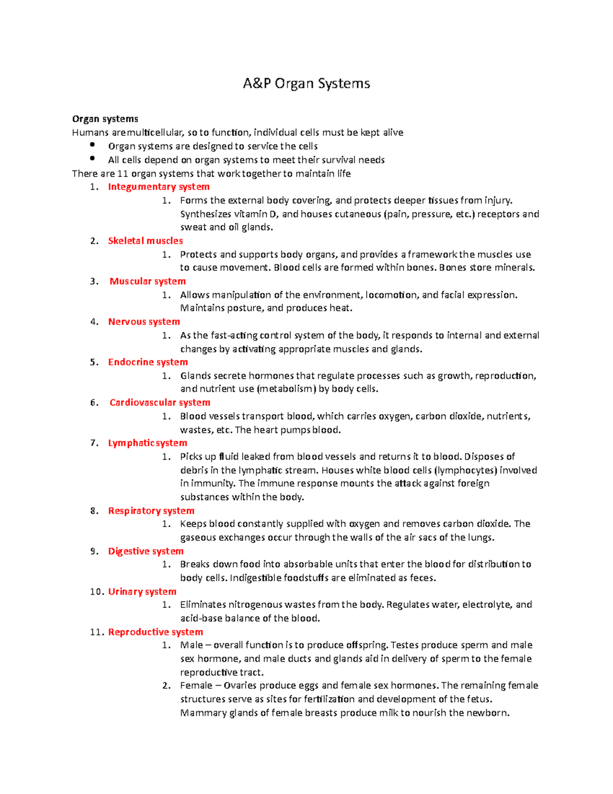 A&P Organ Systems - Lecture notes 1 - A&P Organ Systems Organ systems ...