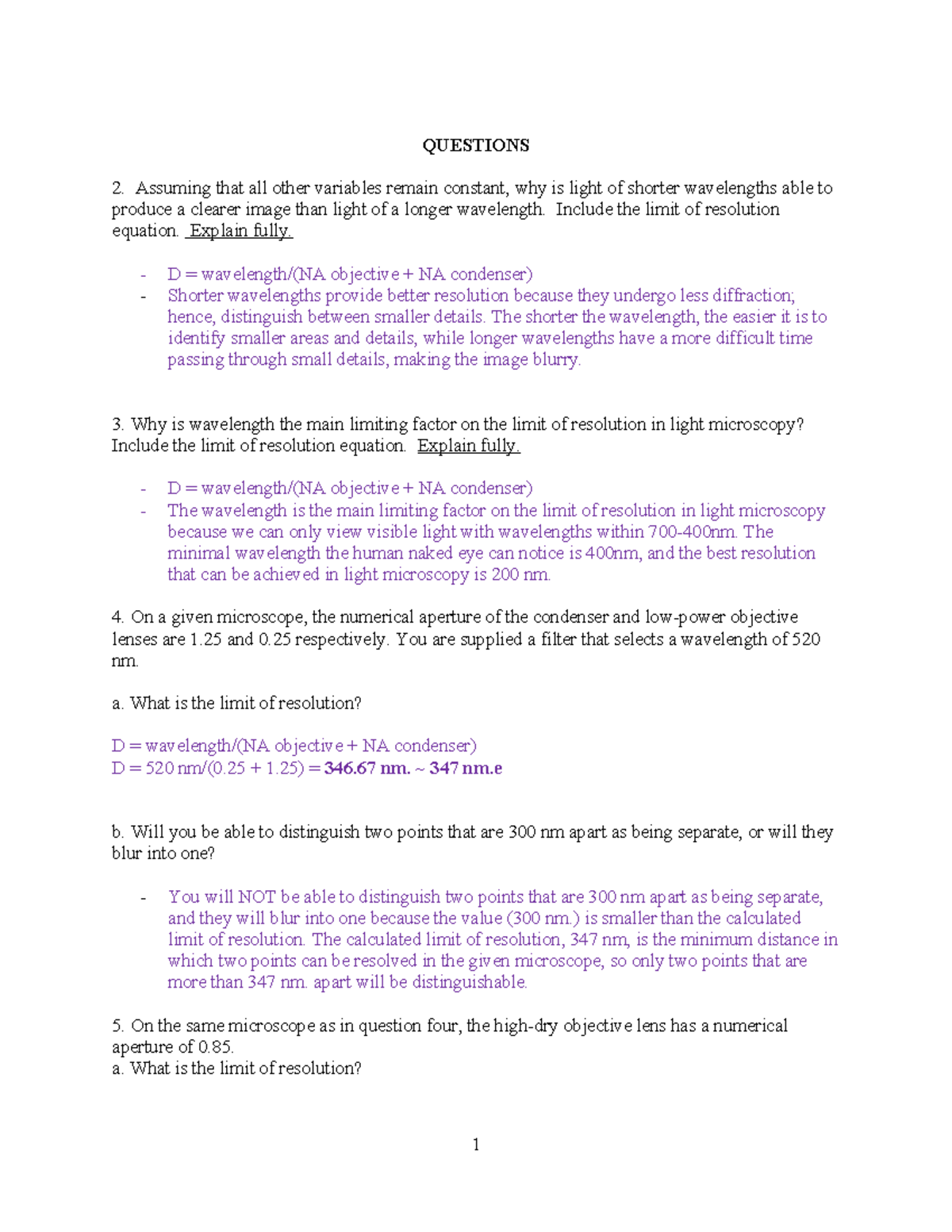 Chapter 1 Microscopy - QUESTIONS Assuming that all other variables ...