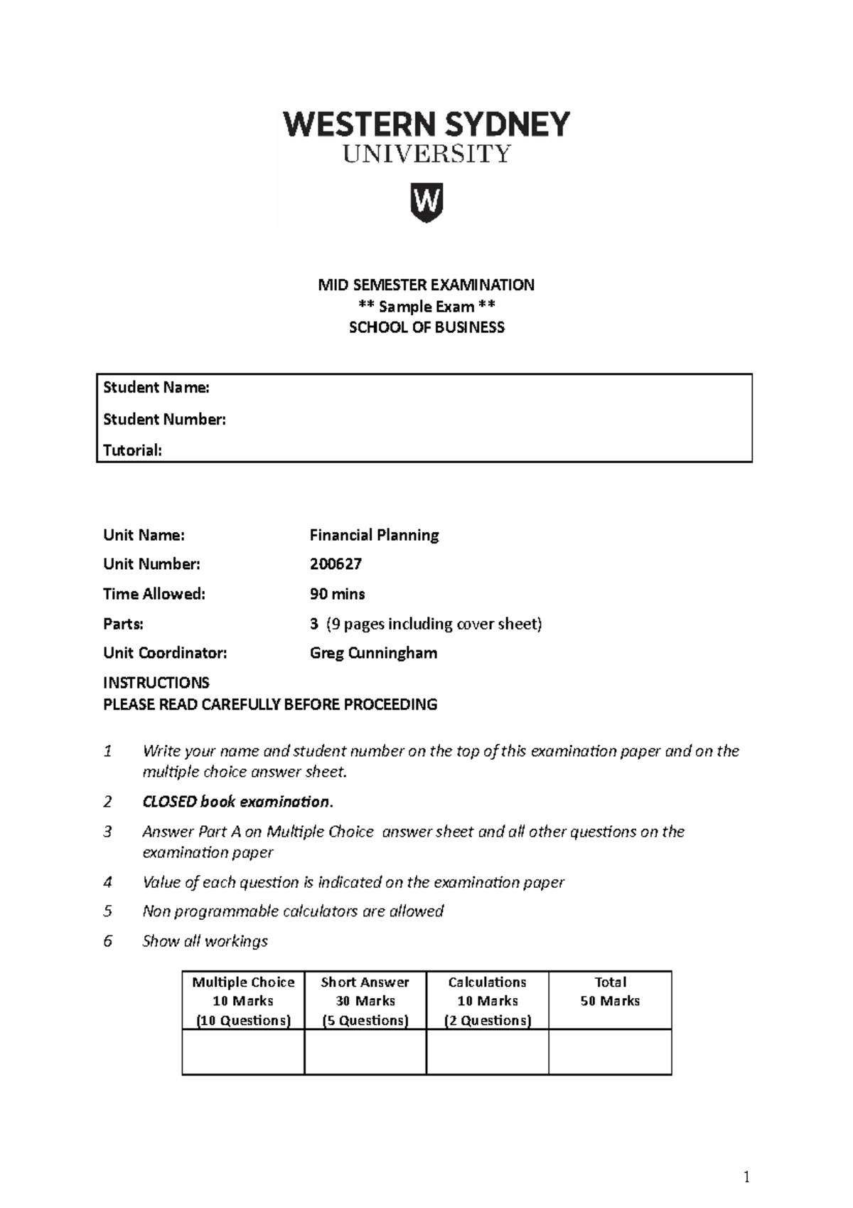 Sample/practice exam March 2019, questions - MID SEMESTER EXAMINATION ...