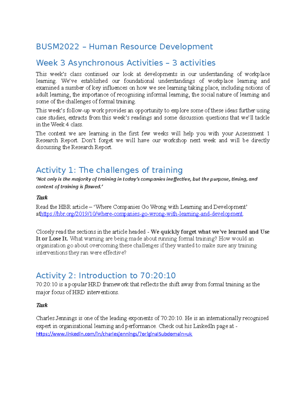 BUSM2022 Human Resource Development Week 3 Asynchronous activities ...