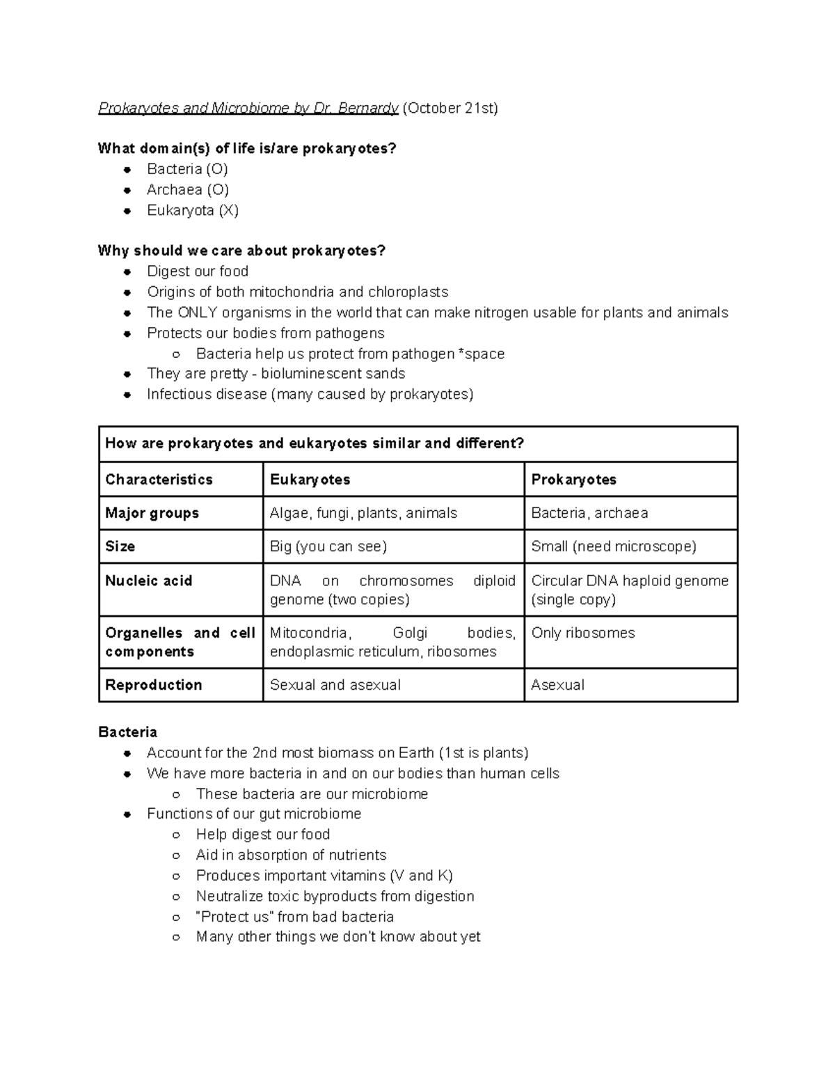 Class Notes 2 - Prokaryotes and Microbiome by Dr. Bernardy (October ...