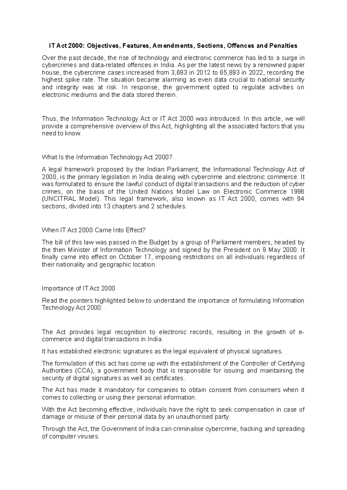 IT Act 2000 - IT Act 2000: Objectives, Features, Amendments, Sections, Offences and Penalties ...