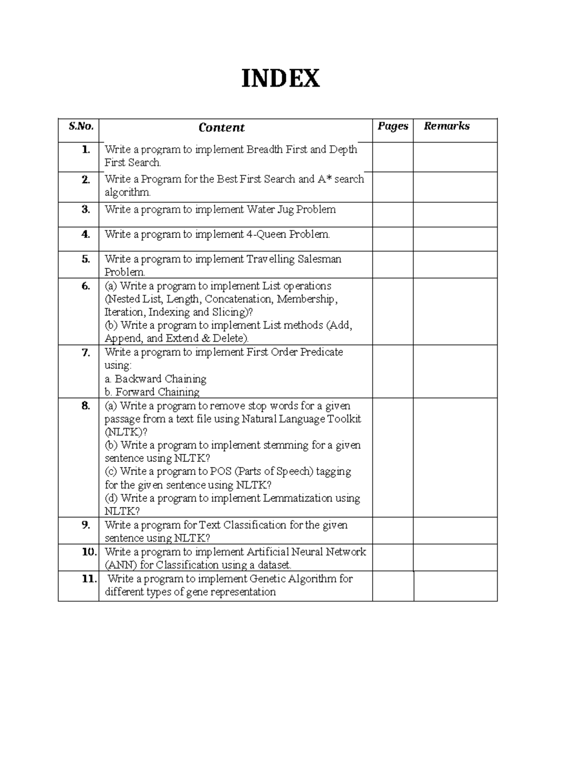 AI file - ai file - INDEX S. Content Pages Remarks 1. Write a program ...