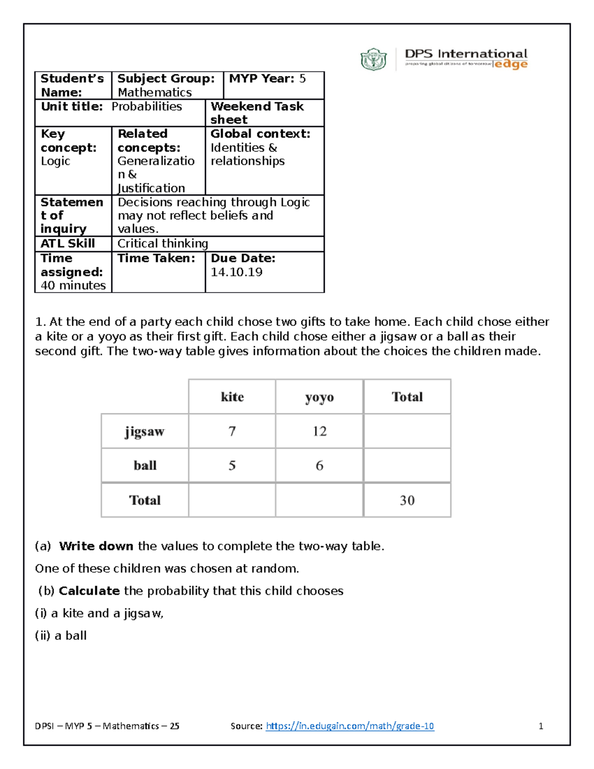 Math Task sheet 11 - MYP 5 - 10 - Student’s Name: Subject Group ...