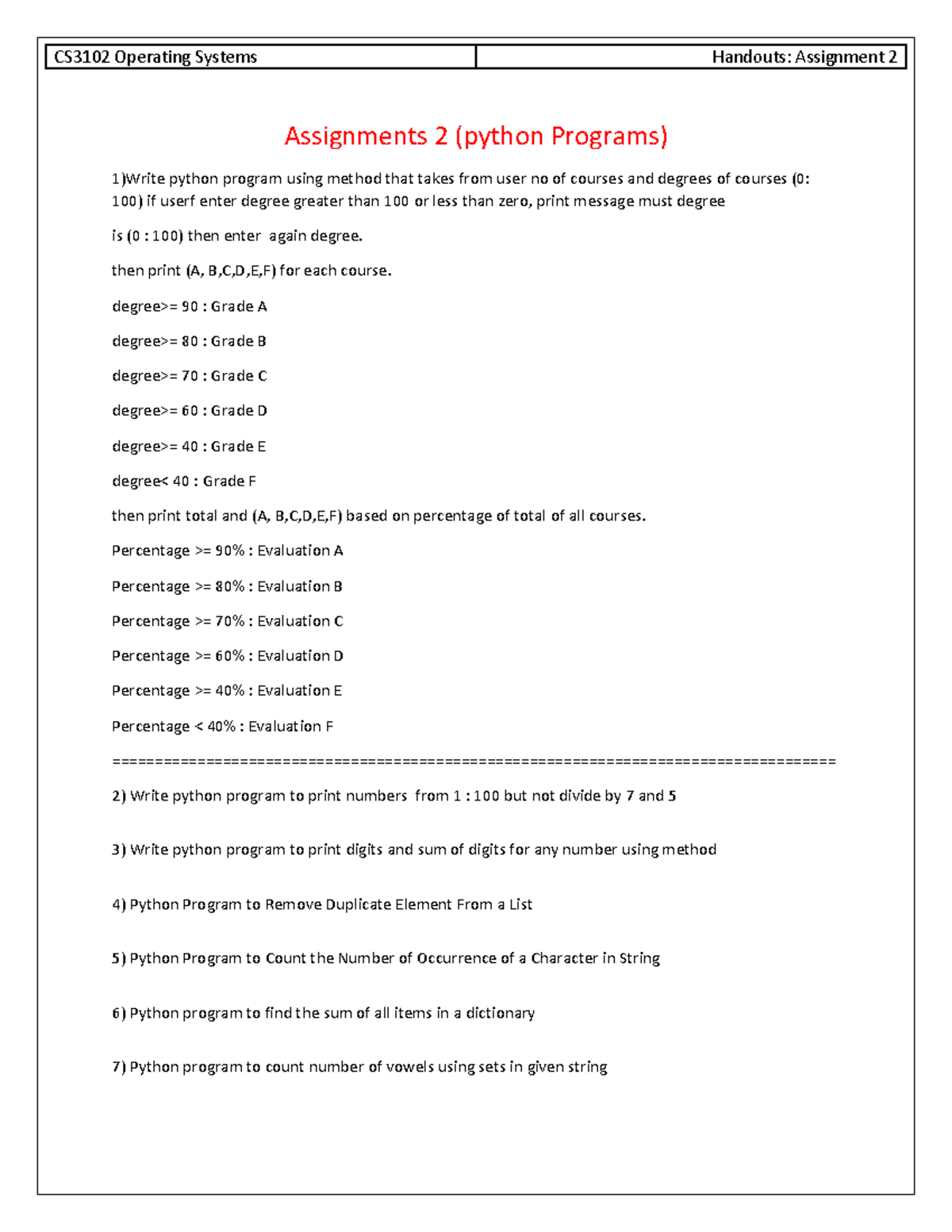 OS Section 2 assignment(Week 3) - CS3102 Operating Systems Handouts: Assignment 2 Assignments 2 ...