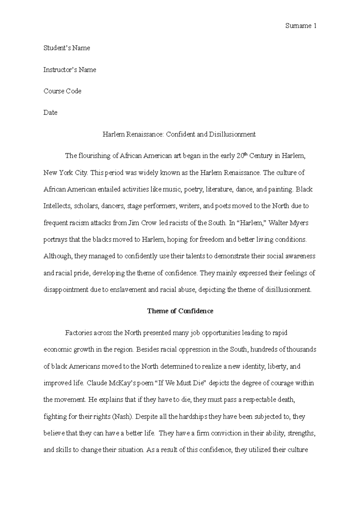 Harlem Renaissance - Grade: A - Student’s Name Instructor’s Name Course ...