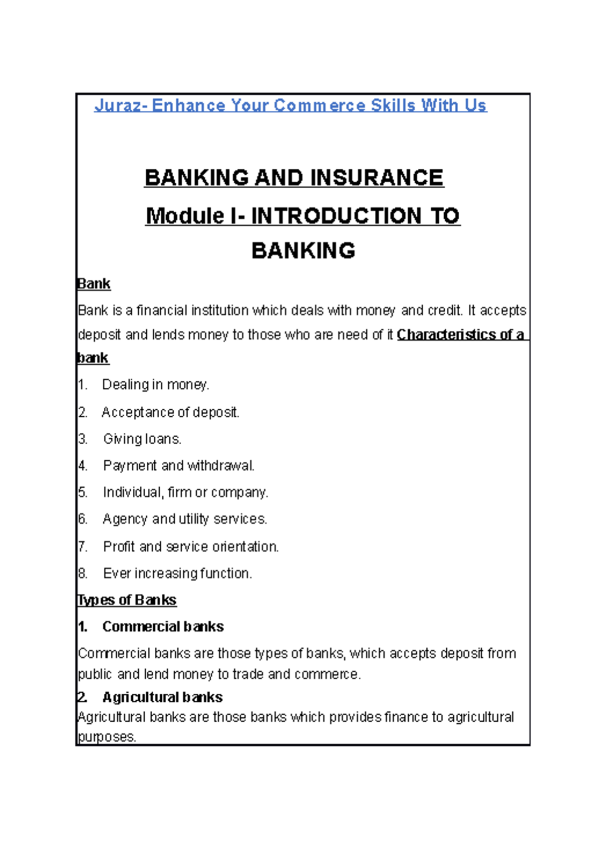 Banking AND Insurance Module I- Introduction TO Banking - Juraz ...