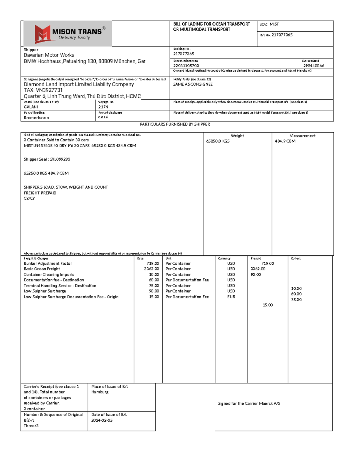 BILL OF Lading FOR Ocean Transport OR Multimodal Transport - BILL OF ...