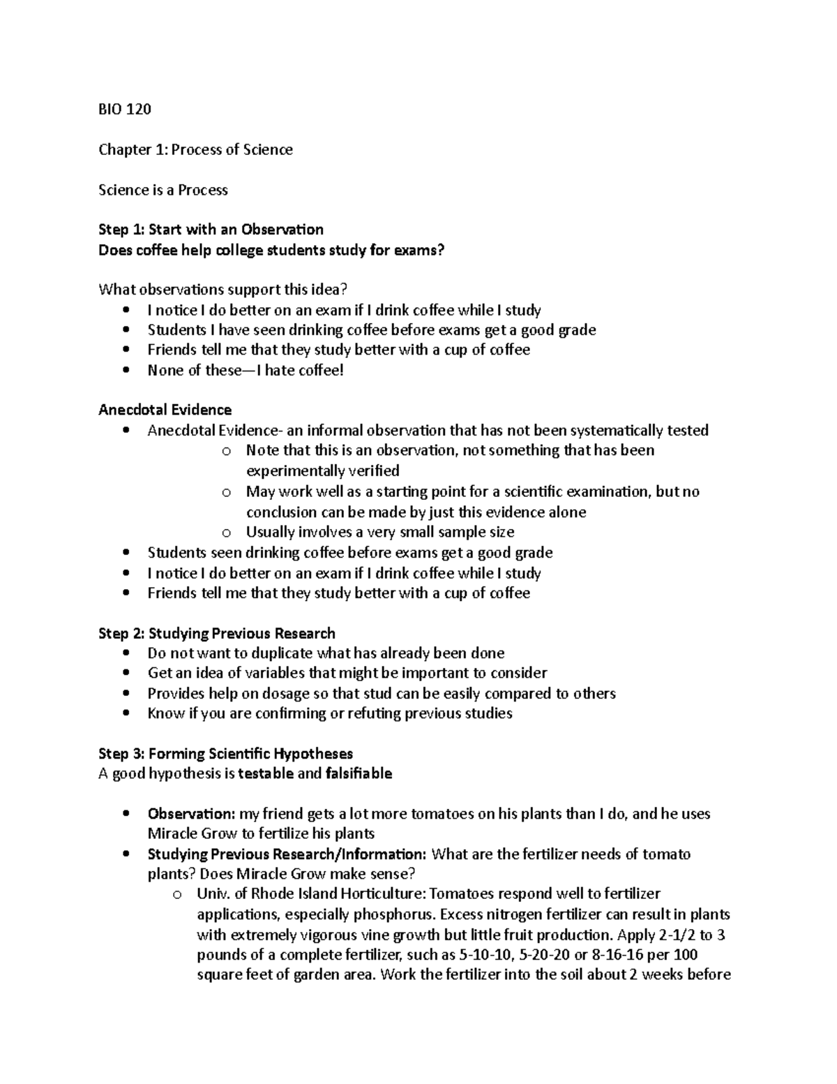 BIO 120 chapter 1 - notes to help with tests/quizzes and assignments ...