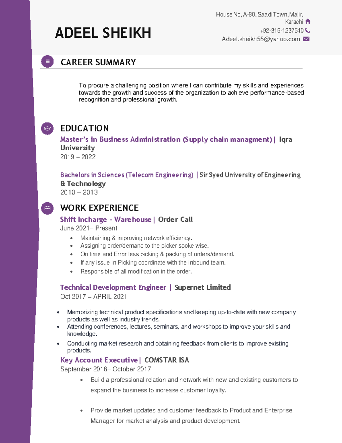 Adeel Sheikh - Resume(updated) - ADEEL SHEIKH House No, Saadi Town ...