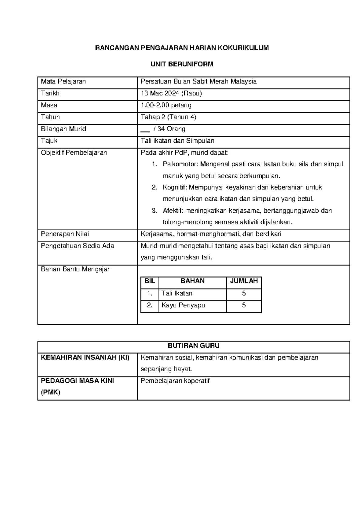 PR1 13 MAC 2024 RPH KOKO - rph koko unit bsmm - RANCANGAN PENGAJARAN HARIAN KOKURIKULUM UNIT ...