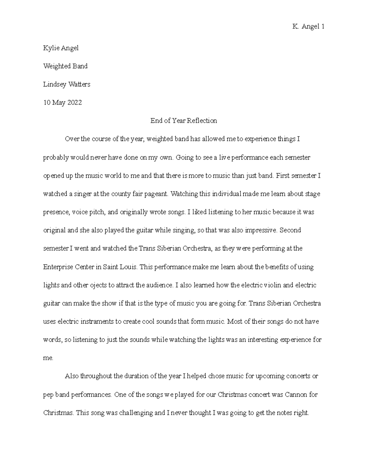 Weighted Band Paper - K. Angel 1 Kylie Angel Weighted Band Lindsey ...