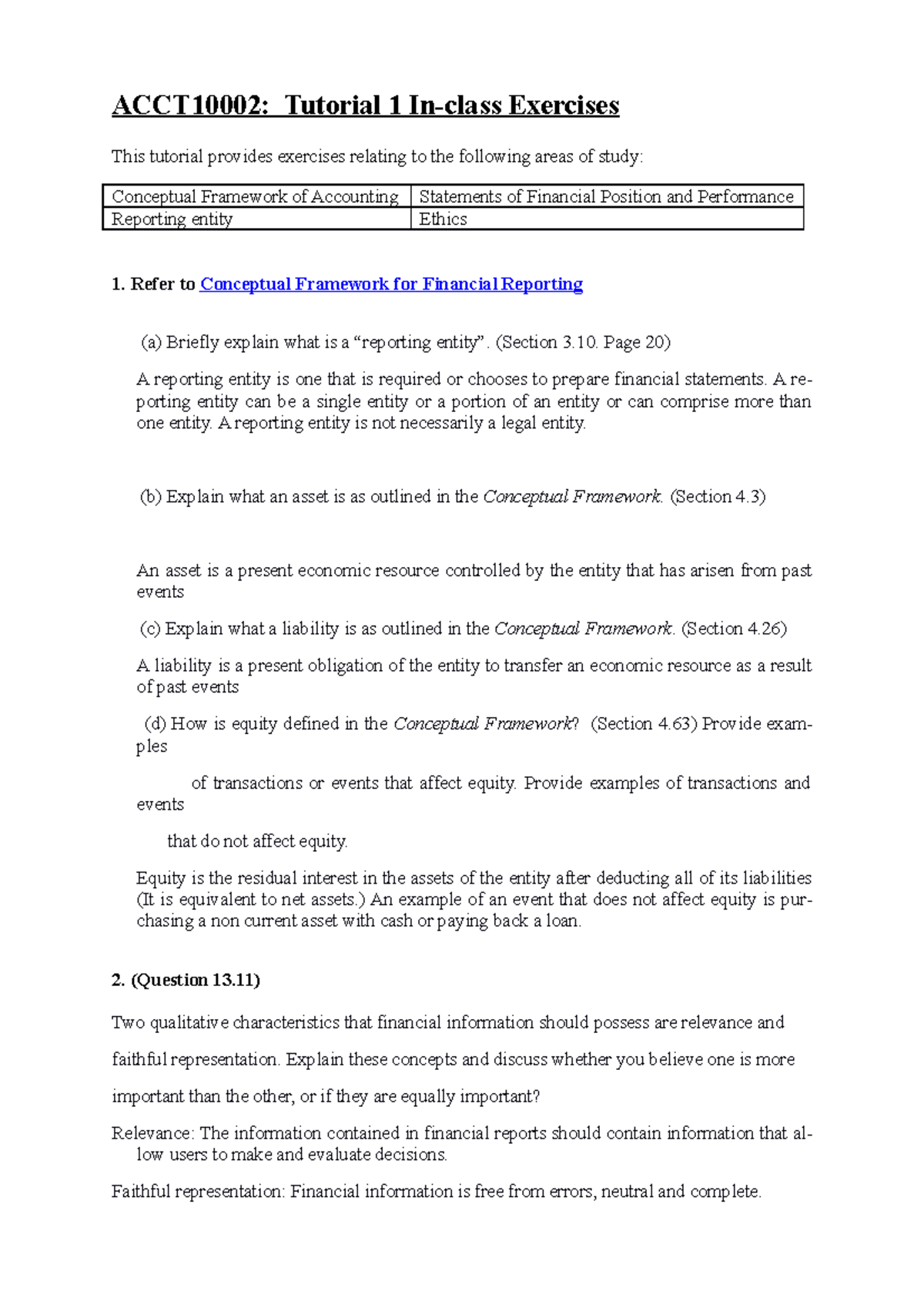 ACCT10002 Tutorial 1 In-class Exercises - 002143B - Unimelb - Studocu