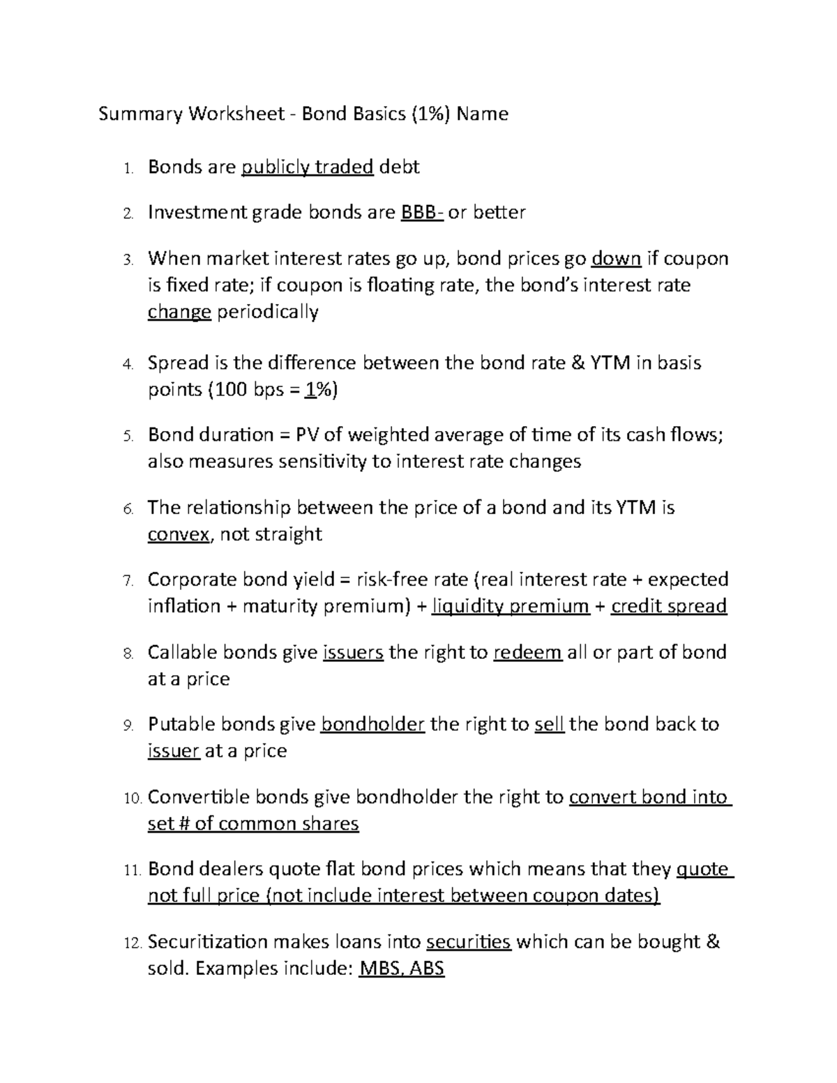 Chapter 6b Summary Worksheet - Summary Worksheet - Bond Basics (1% ...
