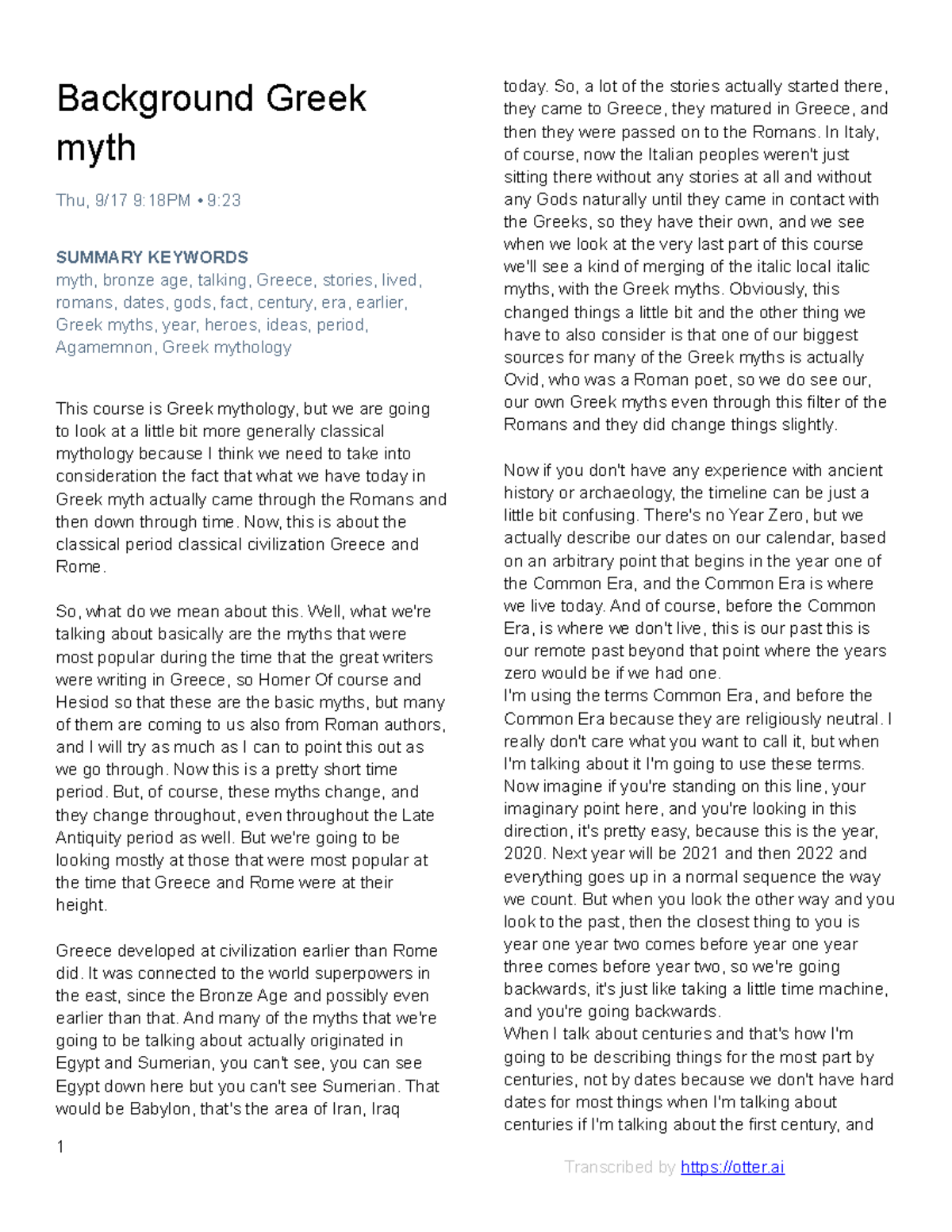 Week 1 - Lecture notes week 1 - Background Greek myth Thu, 9/17 9:18PM ...