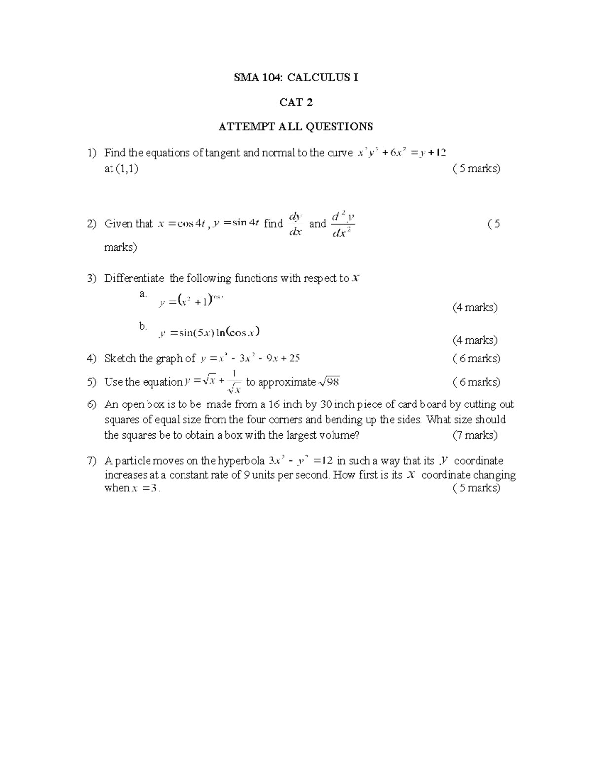 SMA 104 cat 2 March 23 - Sma 104 cat 2 - SMA 104: CALCULUS I CAT 2 ...