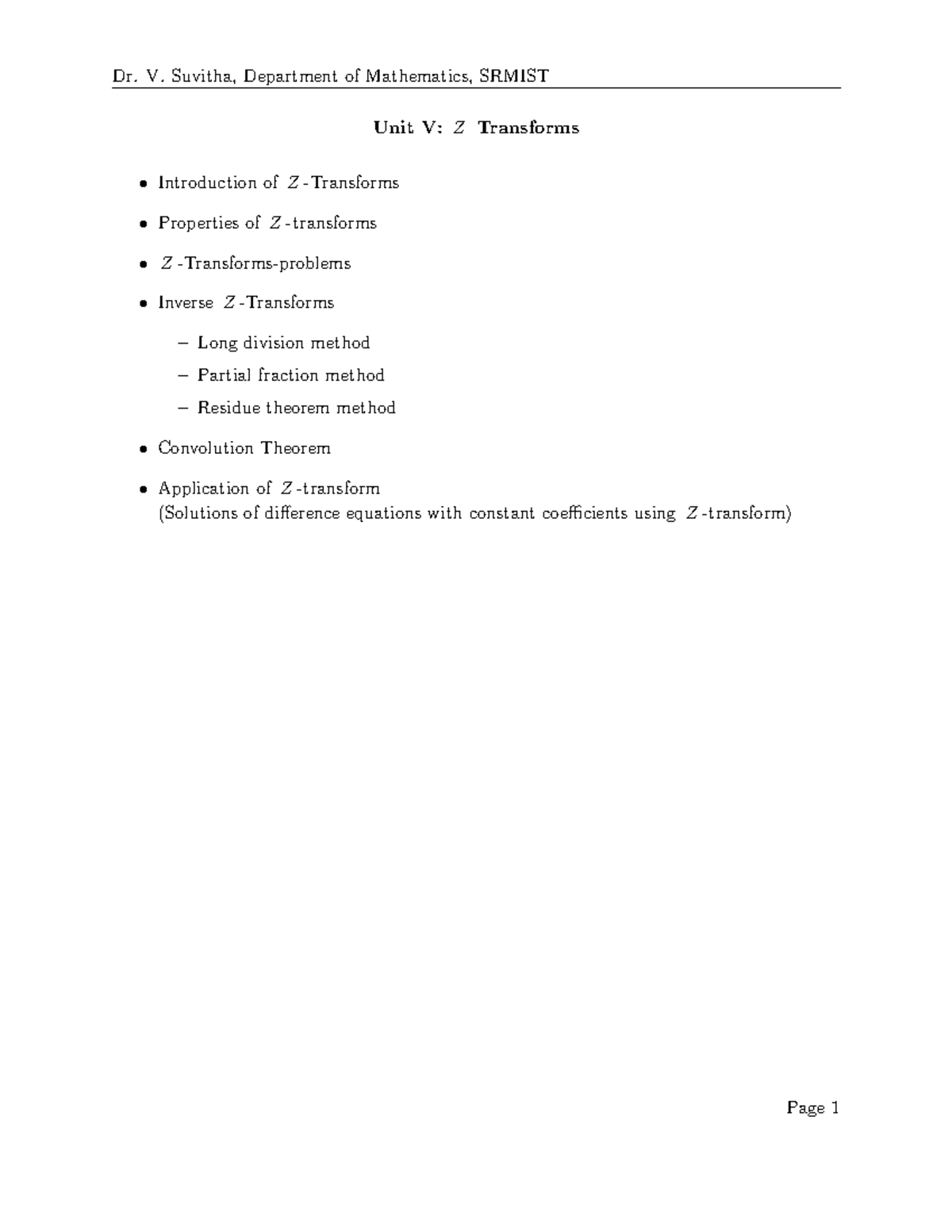 Unit V-18MAB201T - Unit 5 - Unit V: Z Transforms Introduction of Z -Transforms Properties of Z ...