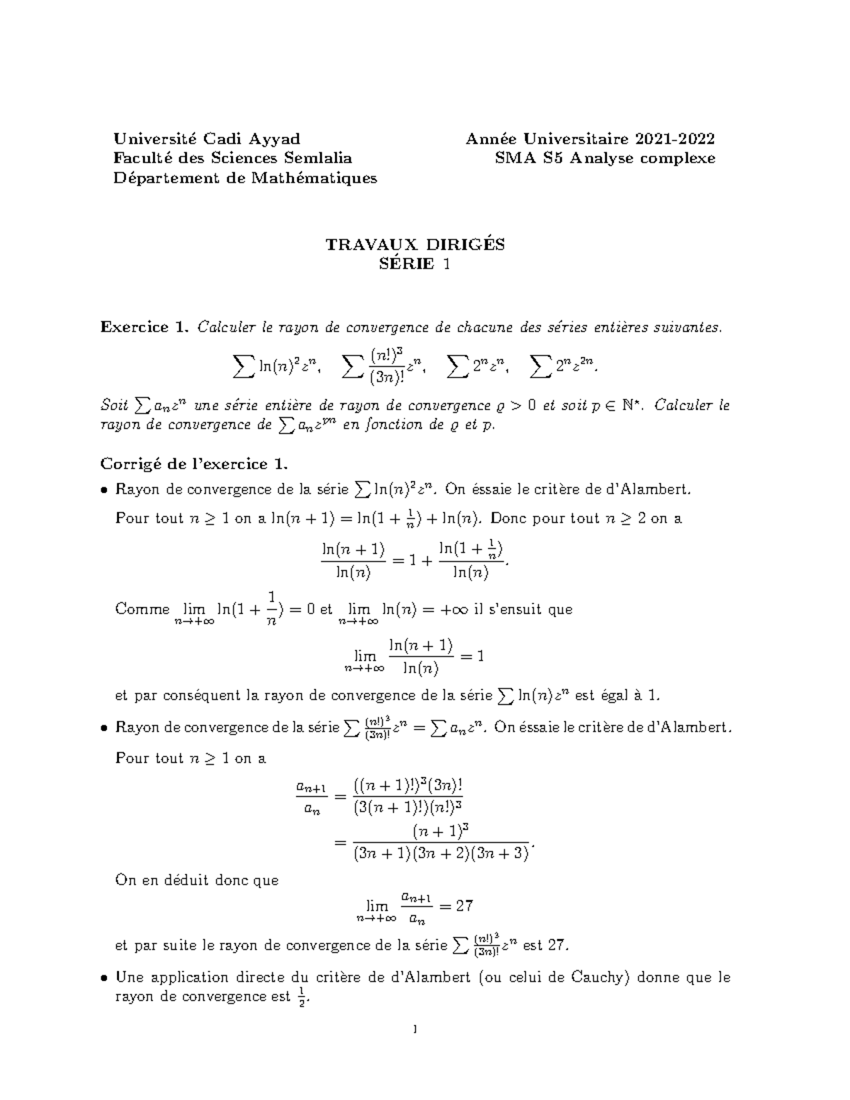 Td1 21 22 - Td1 21 22 variable complexe - Universit ́e Cadi Ayyad Ann ́ee Universitaire 2021 ...