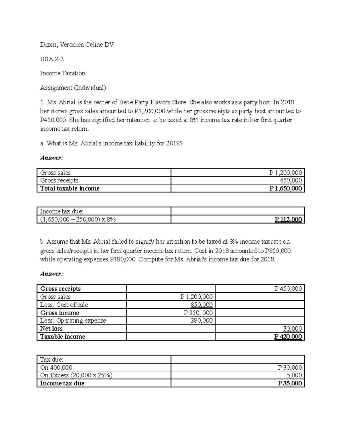 Individual Income Tax Dizon Veronica Celine DV BSA 2 Income