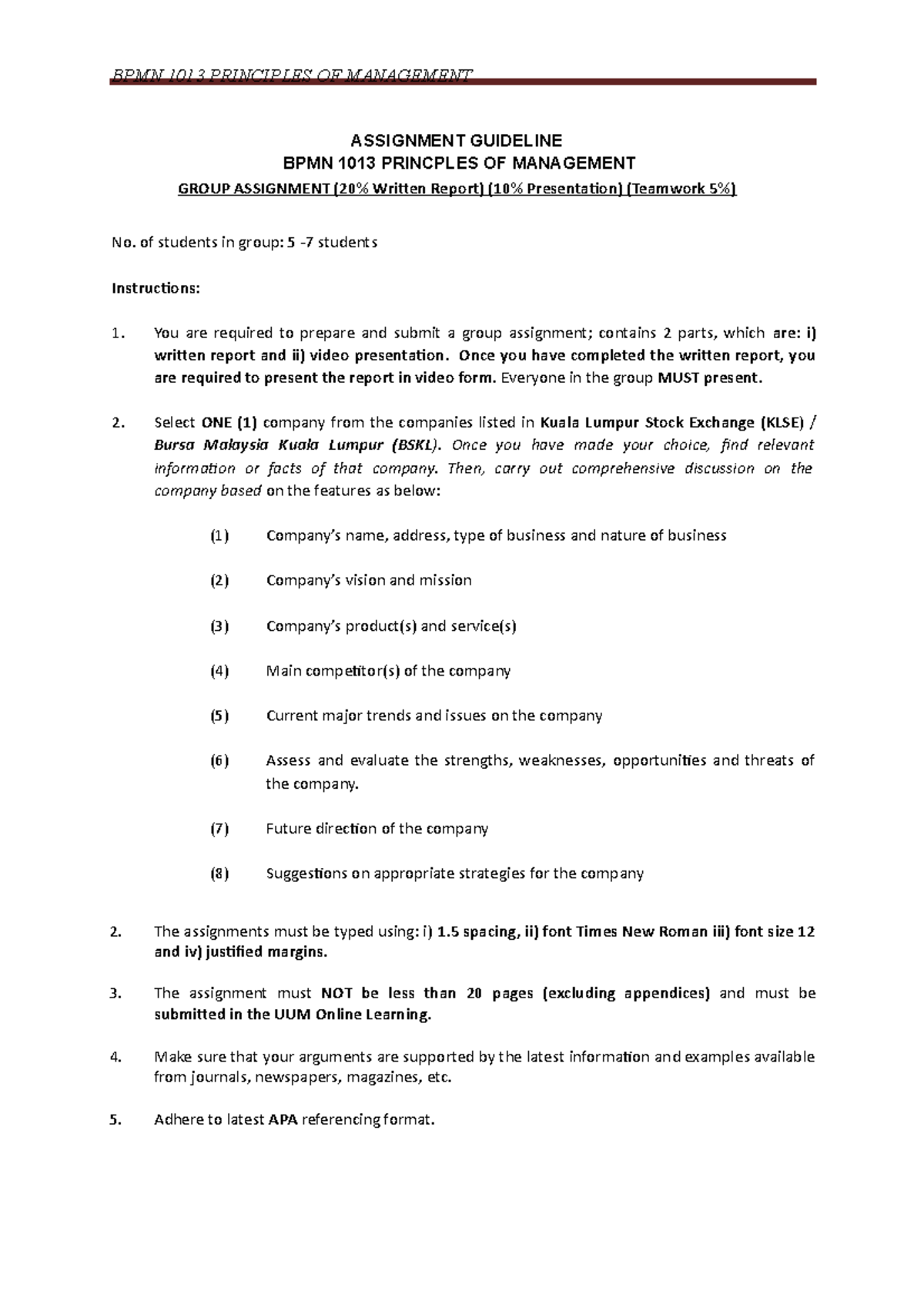 BPMN1013 Assignment Guideline A211 - BPMN 1013 PRINCIPLES OF MANAGEMENT ASSIGNMENT GUIDELINE ...