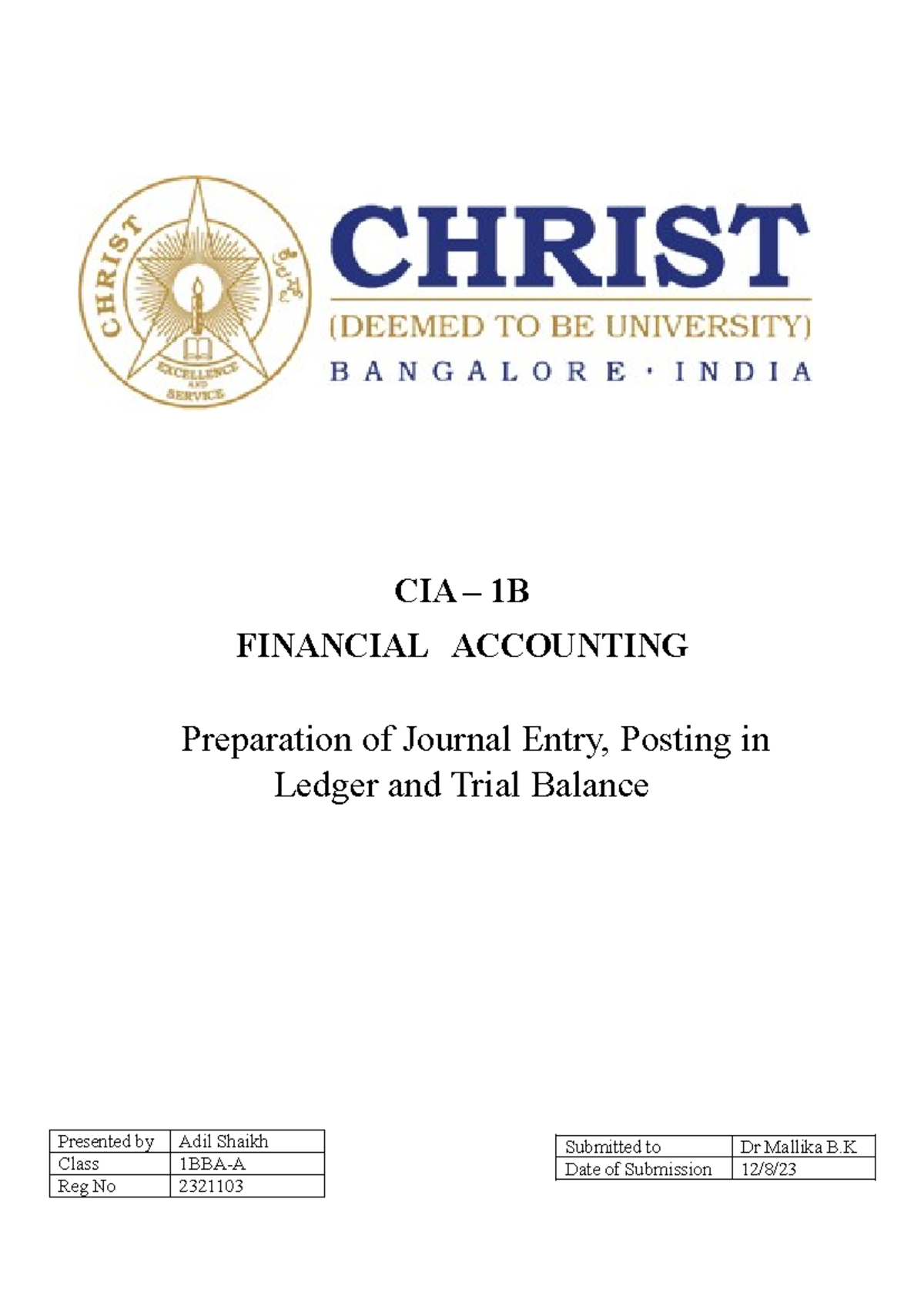 FA CIA 1 Preparation of Journal Entry, Posting in Ledger and Trial ...