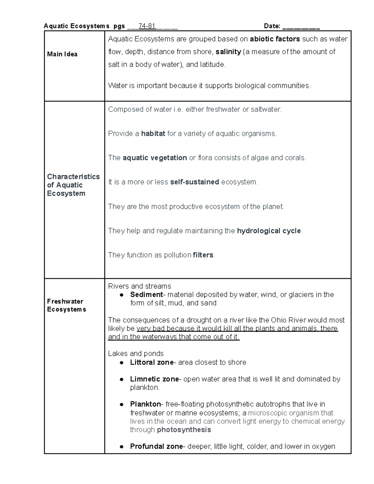 Biology- Aquatic Ecosystems Completed Notes - Aquatic Ecosystems pgs 74 ...