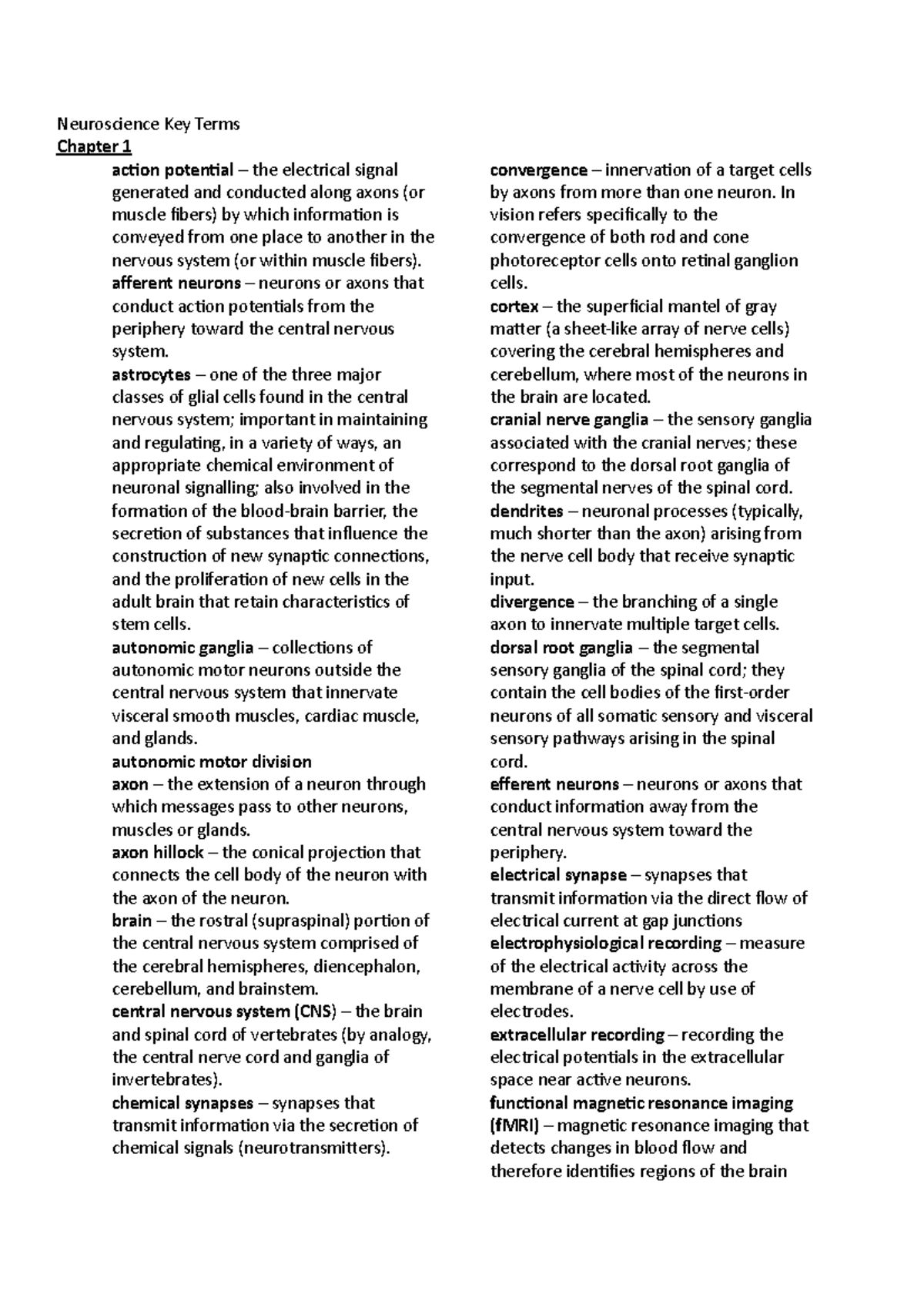 Neuroscience Key Terms - Study Notes - Neuroscience Key Terms Chapter 1 ...