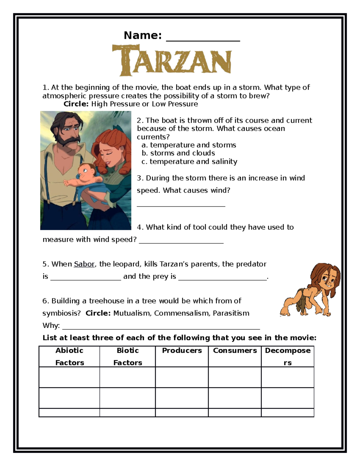 Disneys Tarzan Movie Watching Science Sheet-1 - At the beginning of the ...