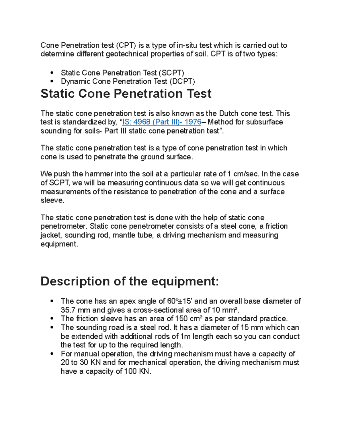 Cone Penetration test - spt - Cone Penetration test (CPT) is a type of ...