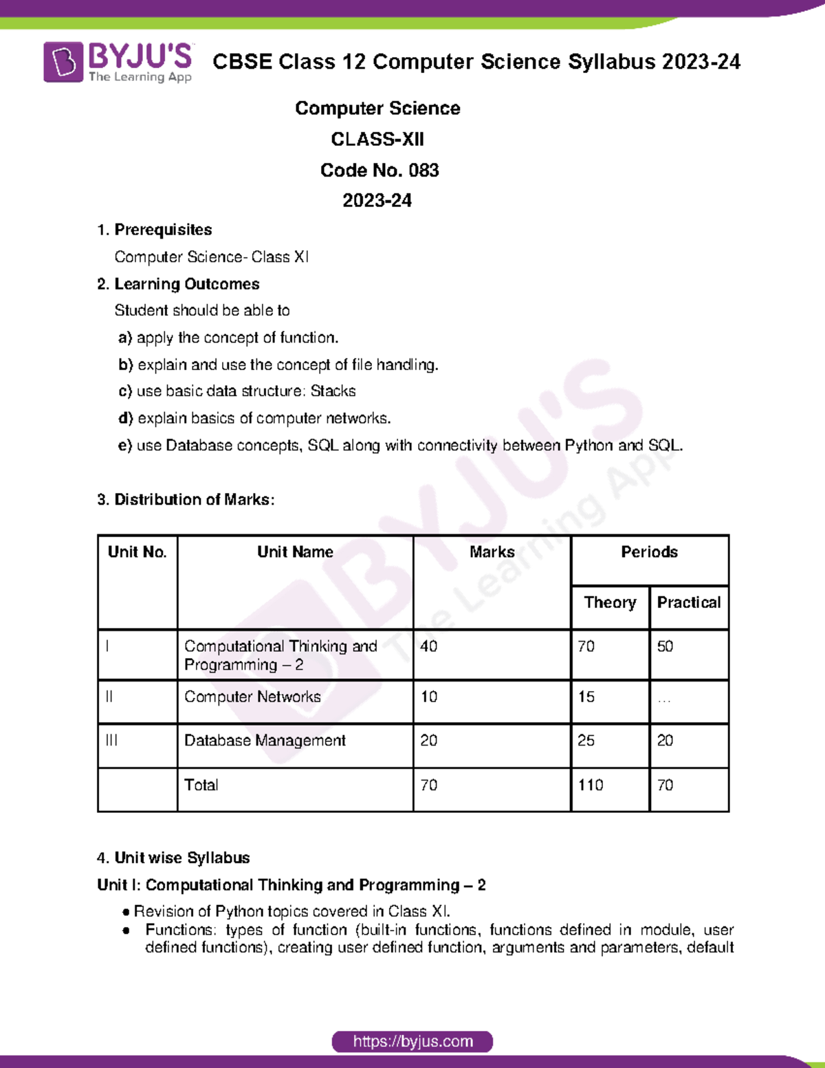 CBSE Class 12 Computer Science Syllabus 2023 24 - Computer Science ...