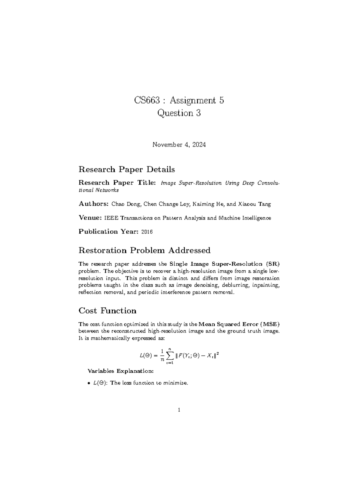 CS663 Assignment 5 Question 3 - CS663 : Assignment 5 Question 3 November 4, 2024 Research Paper ...