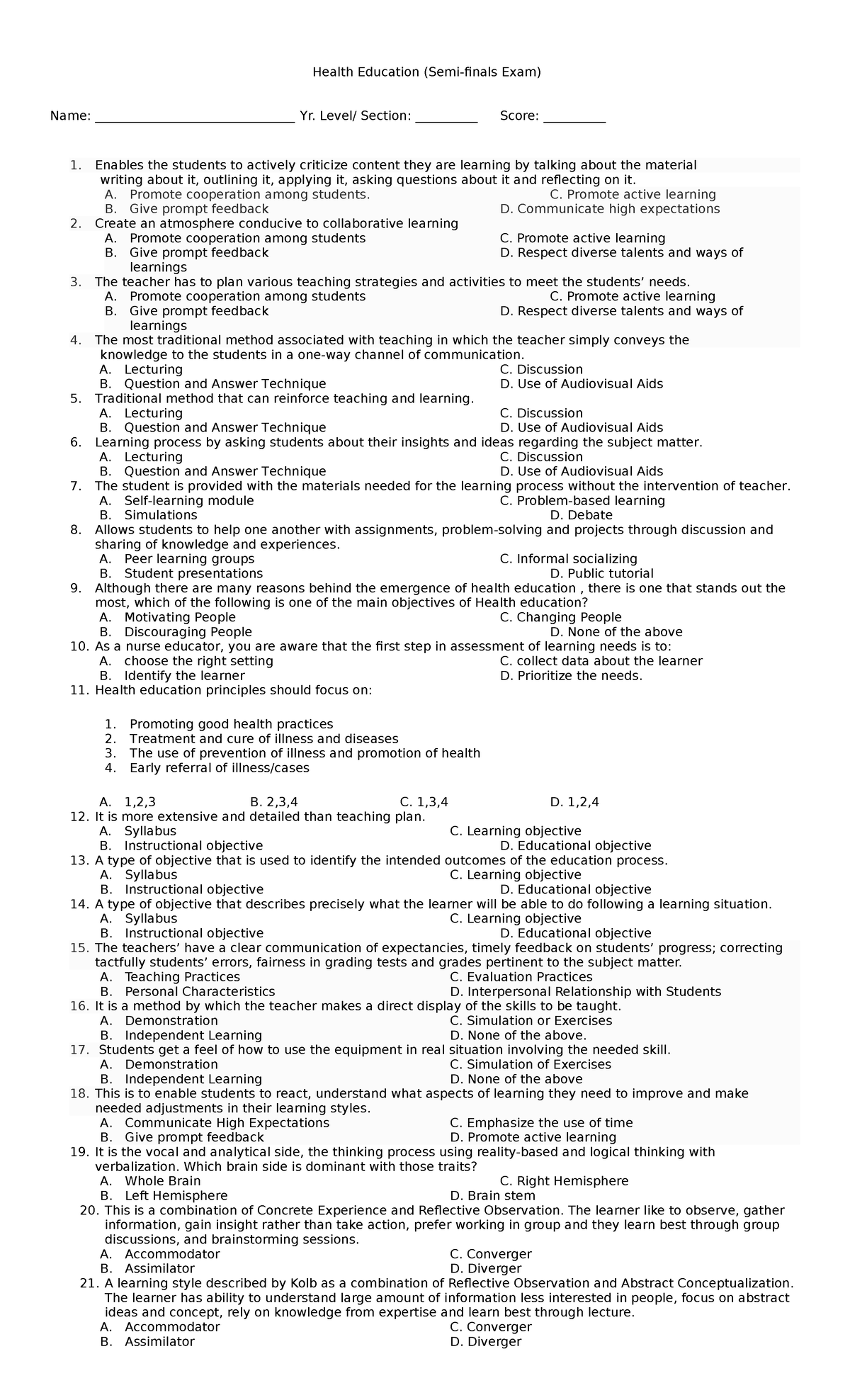 Health Education exam - Health Education (Semi-finals Exam) Name