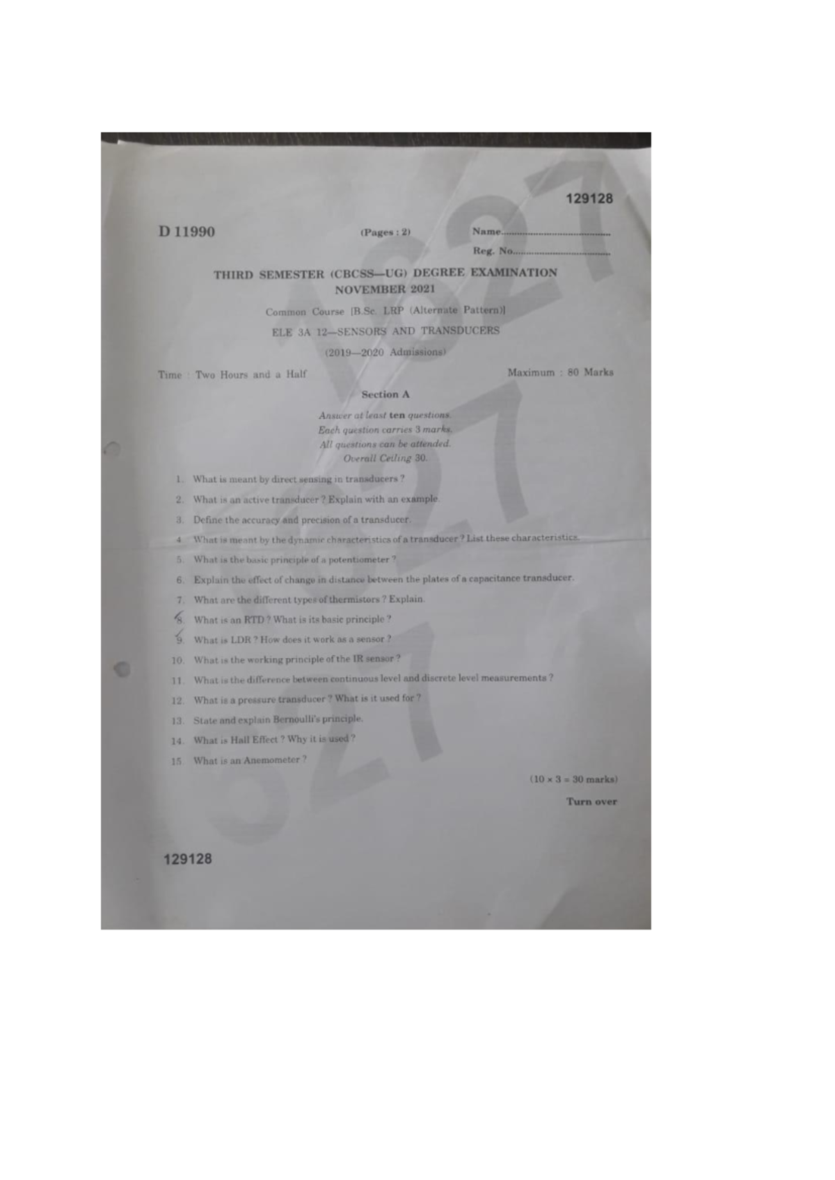 Question paper 21,22,23 - 129128 D 11990 (Pages : 2) Name Reg. No THIRD SEMESTER DEGREE ...