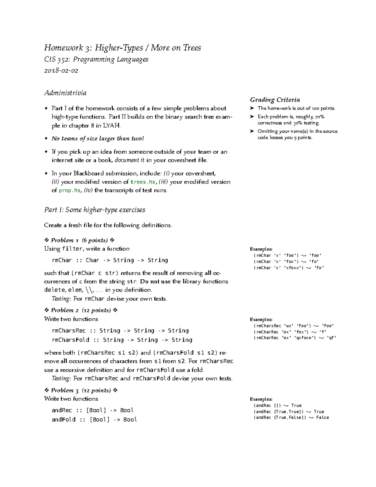 Hw03 Cis 352 Programming Language Theory And Practice Professor Jim Royer Homework 3