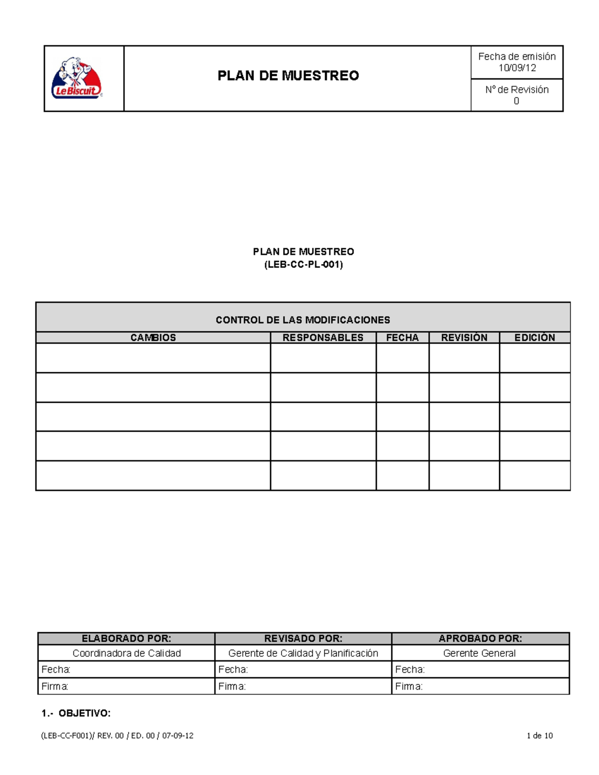 PLAN DE Muestreo - PLAN DE MUESTREO (LEB-CC-PL-001) CONTROL DE LAS ...