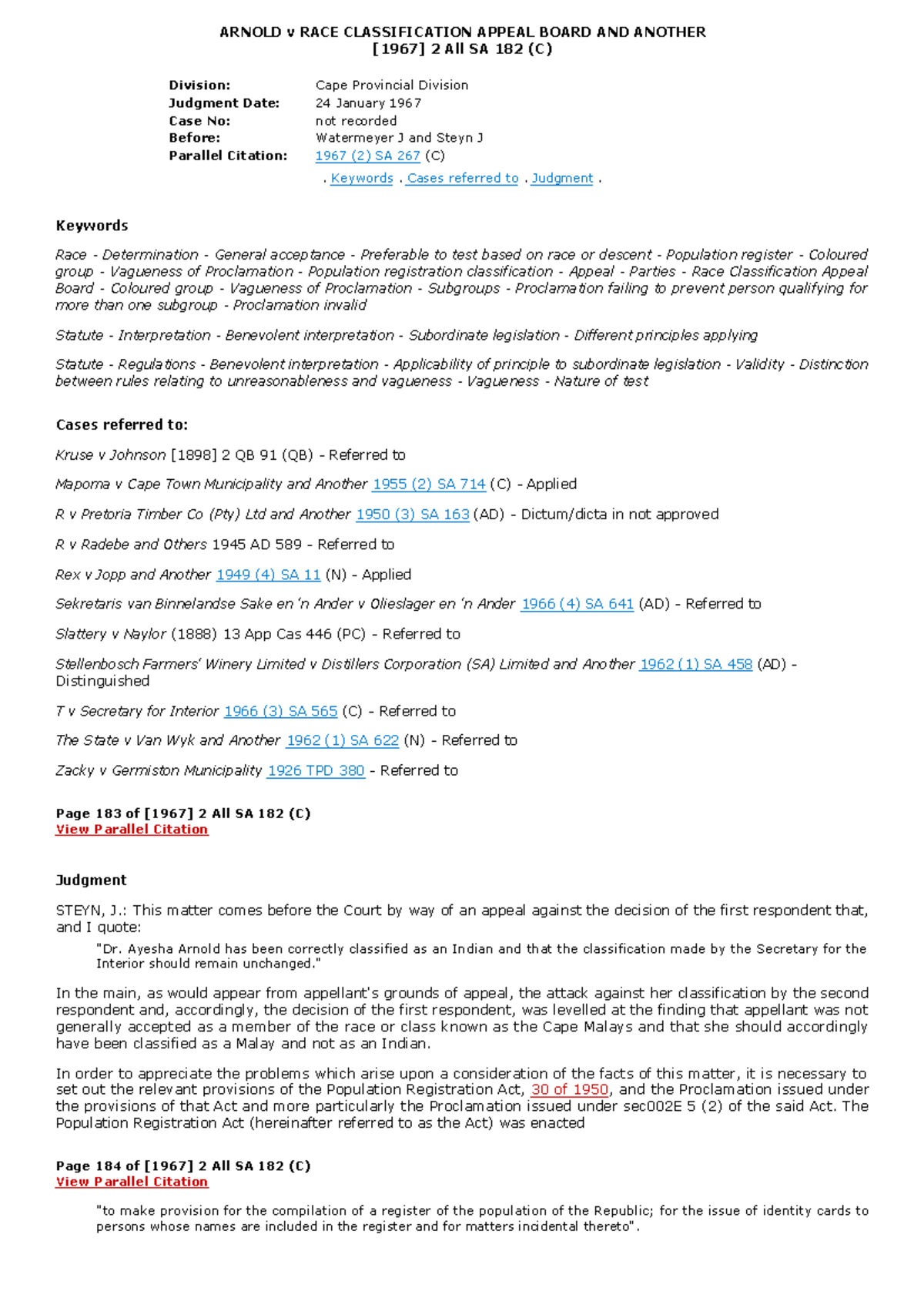 Arnold v RACE Classification Appeal Board AND Another [1967] 2 All SA ...