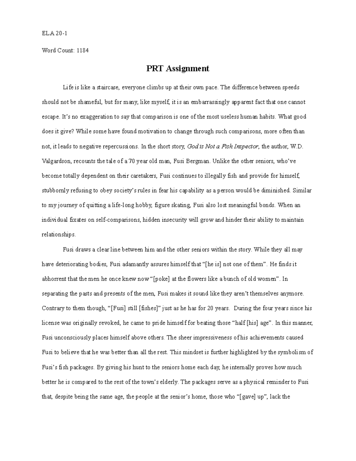 PRT (personal response to text), 20-1 assignment - ELA 20- Word Count ...