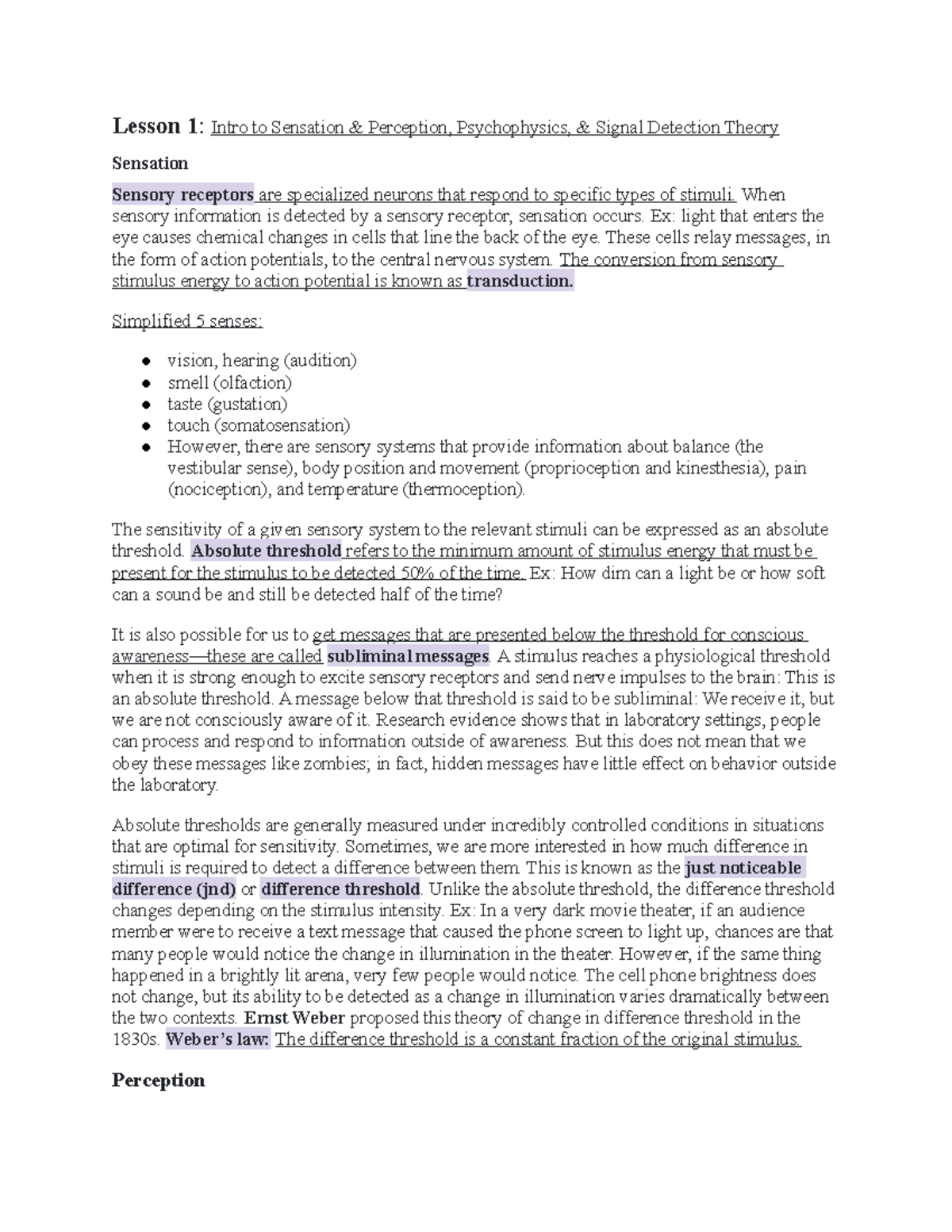 PSYC 225 Sensation and Perception Notes - Lesson 1: Intro to Sensation ...